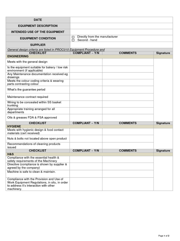 New Equipment Pre-Order Checklist | PDF