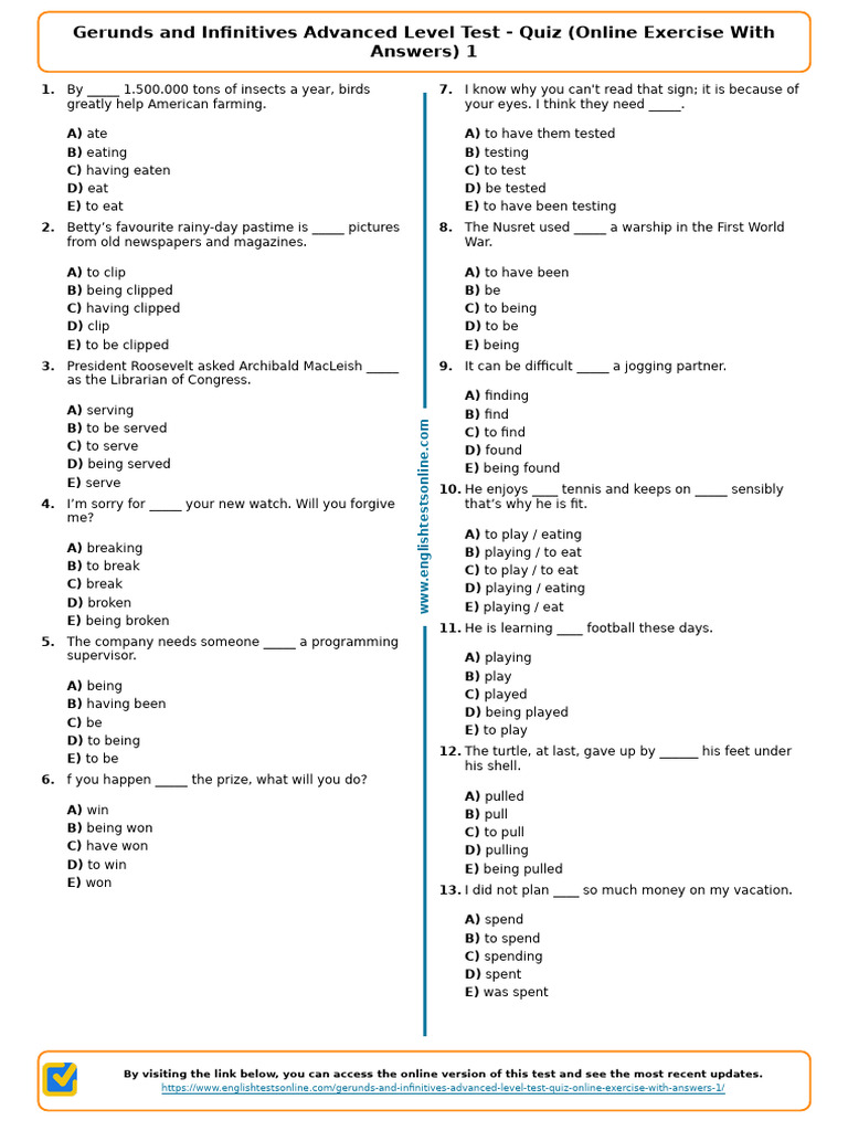 Advanced Gerunds and Infinitives Quiz | PDF