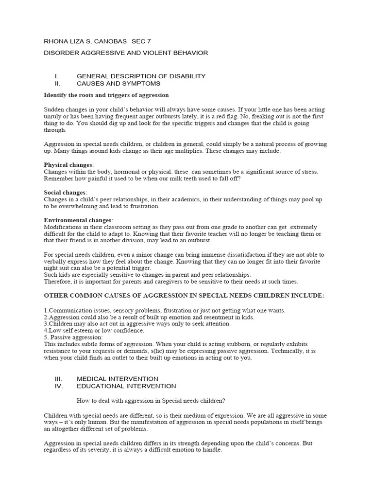 Managing Aggression in Special Needs Children | PDF | Psychotherapy ...