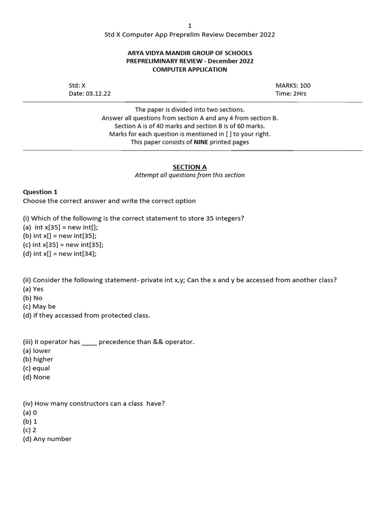Arya Vidyamandir Computer Prelim | PDF | Class (Computer Programming) | Software Development