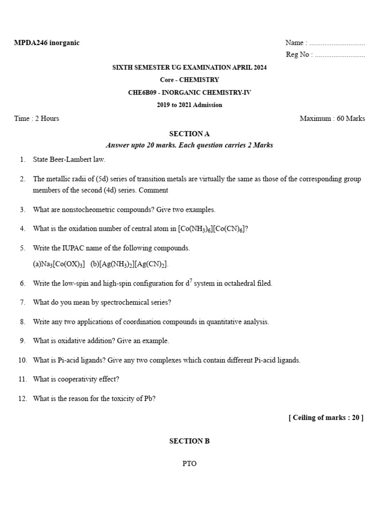 Sixth Semester Ug Examination April 2024 - Che6b09 | PDF | Coordination ...