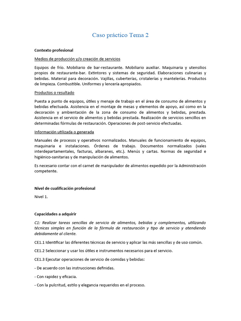 Caso Práctico Tema 2 MF1442 | PDF | Alimentos | Comida y bebida
