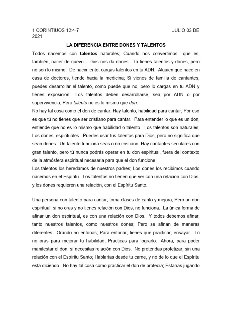 Diferencias entre Dones y Talentos | PDF | Dios | Cristo (título)