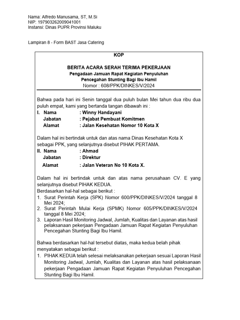 Alfredo Manusama - Lampiran 08 - Form BAST Jasa Katering | PDF