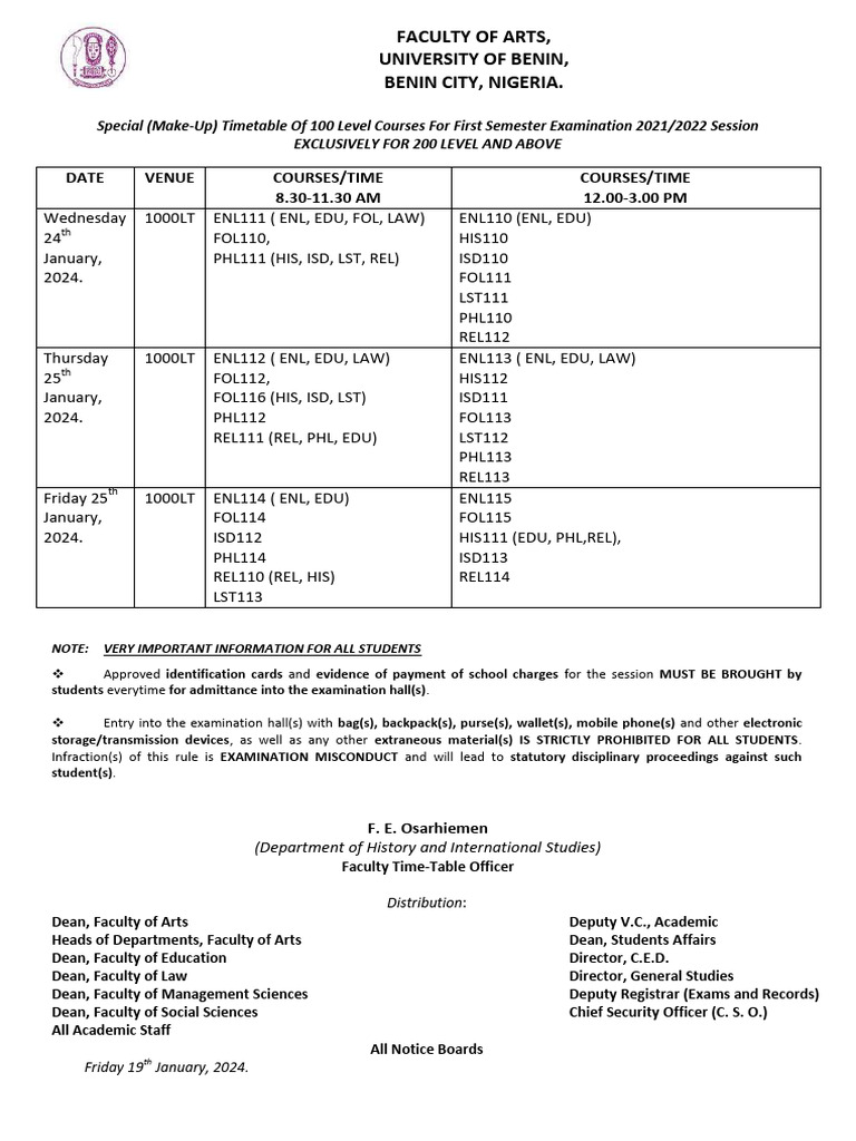 2021/2022 100 Level Exam Timetable | PDF