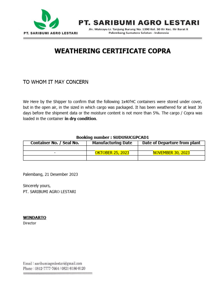 Weathering Certificate Copra (Shipment 262) - SSL | PDF