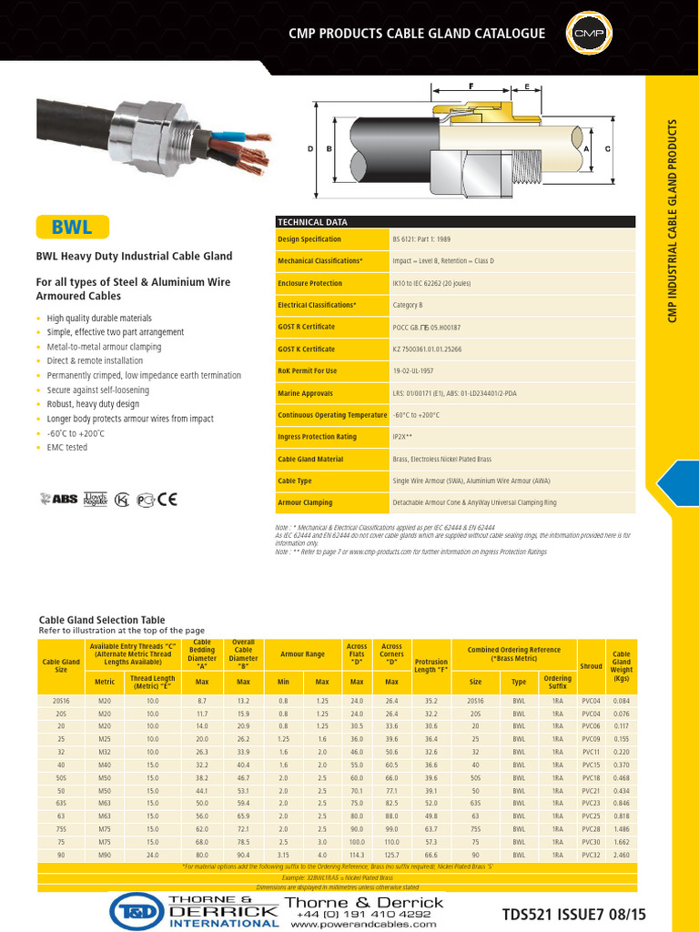 BWL Cable Glands CMP Glands Specification | PDF | Electrical Components ...