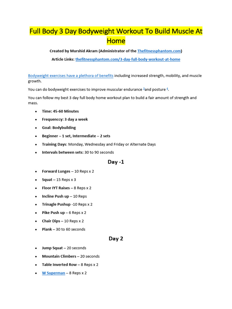 Full Body 3 Day Bodyweight Workout To Build Muscle at Home | PDF