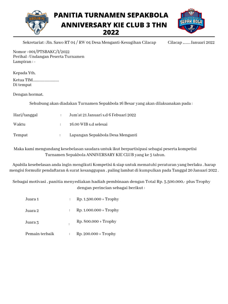 Undangan Turnamen Sepakbola KIE Club | PDF