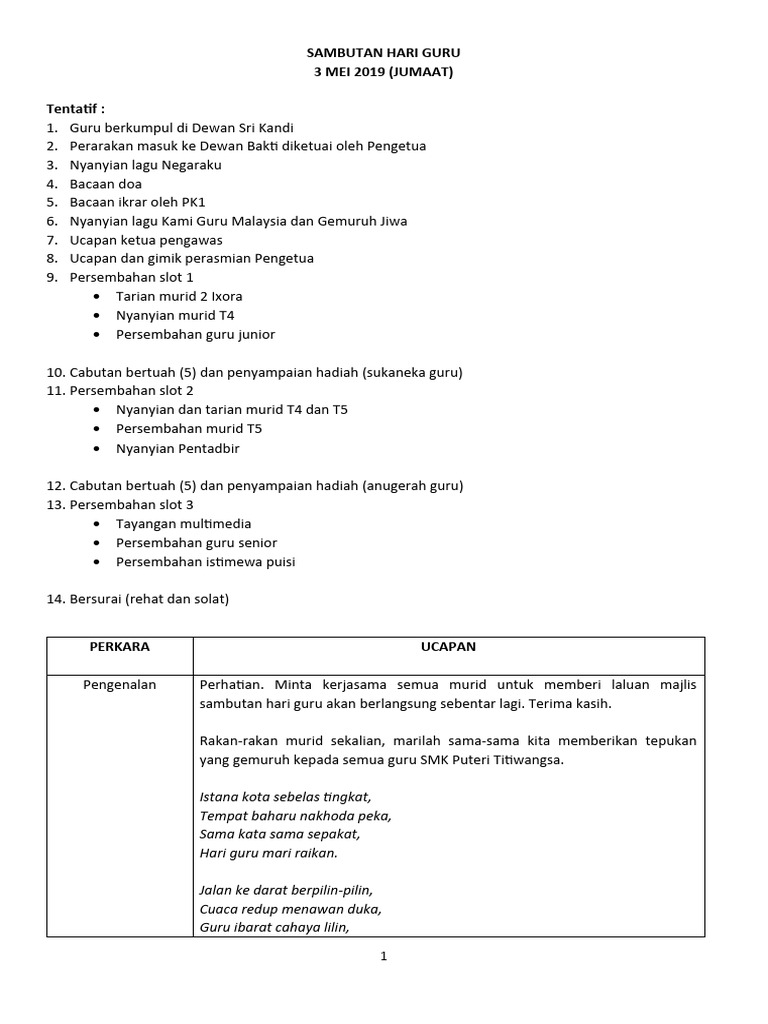 Sambutan Hari Guru 3 MEI 2019 (JUMAAT) Tentatif | PDF