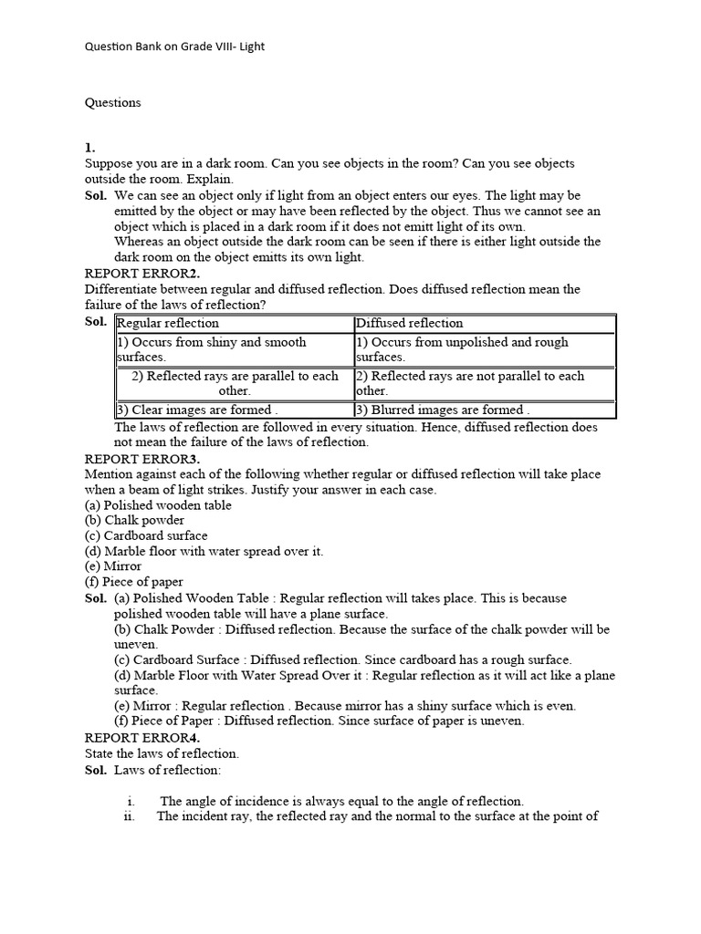 Question Bank - Light - Grade VIII | PDF | Reflection (Physics) | Mirror