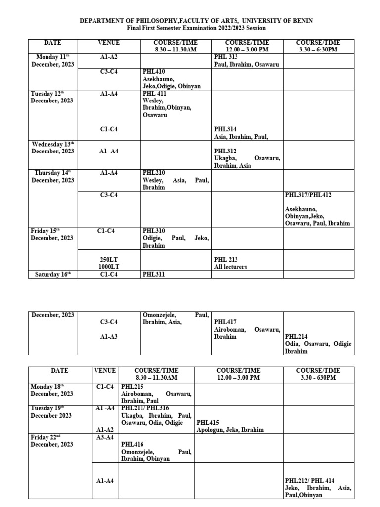 Final First Semester Timetable For Philosophy Students 2023-1 | PDF