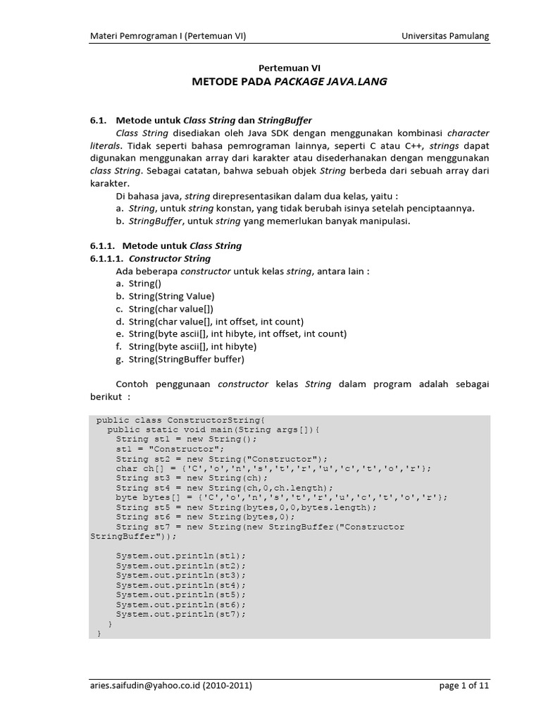 Aries Saifudin - Pemrograman I - 6. Metode Pada Package Java - Lang | PDF