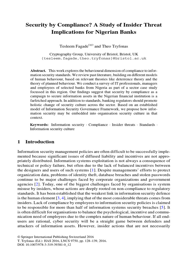 Security by Compliance? A Study of Insider Threat Implications For Nigerian Banks | PDF ...