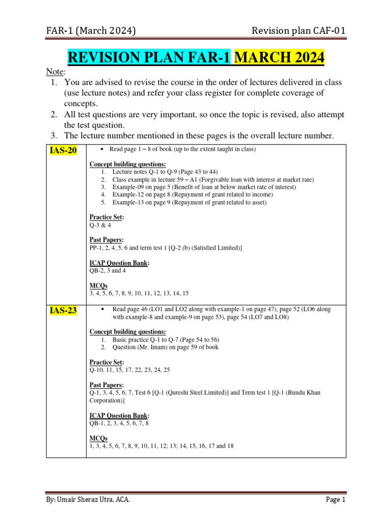 Revision Plan FAR1 (Mar 24) | PDF | Cost | Book Value