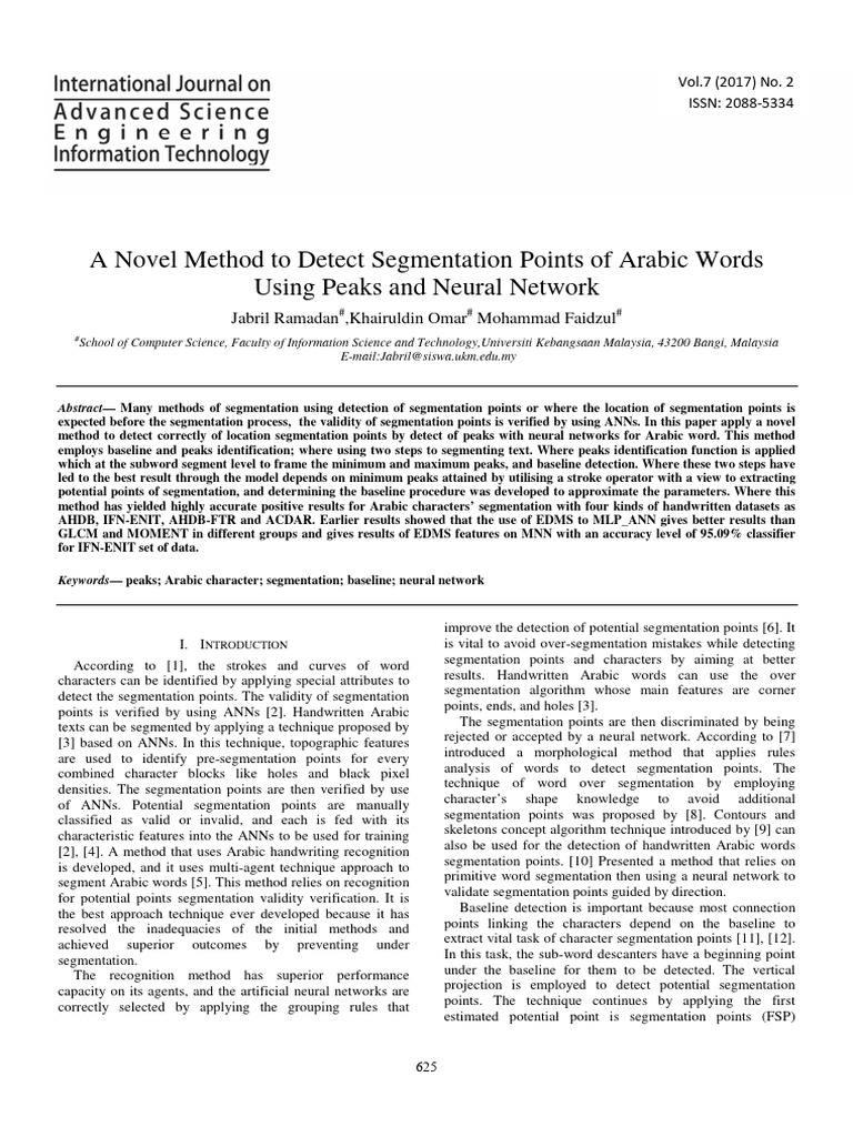 A Novel Method To Detect Segmentation Points of Arabic Words Using Peaks and NN | PDF