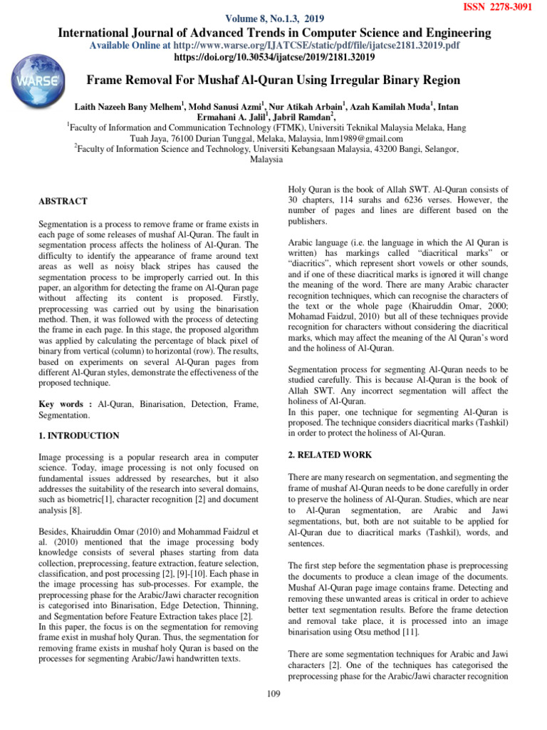 Frame Removal For Mushaf Al-Quran Using Irregular Binary Region | PDF ...