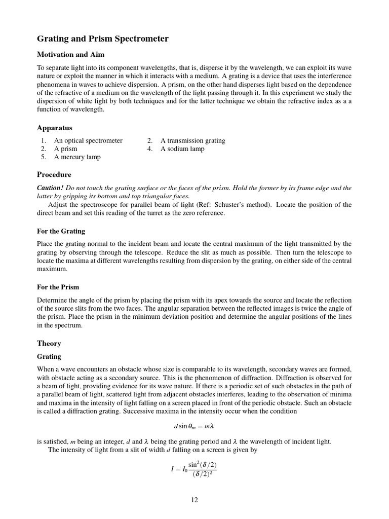 Grating and Prism Spectrometer | PDF | Wavelength | Diffraction