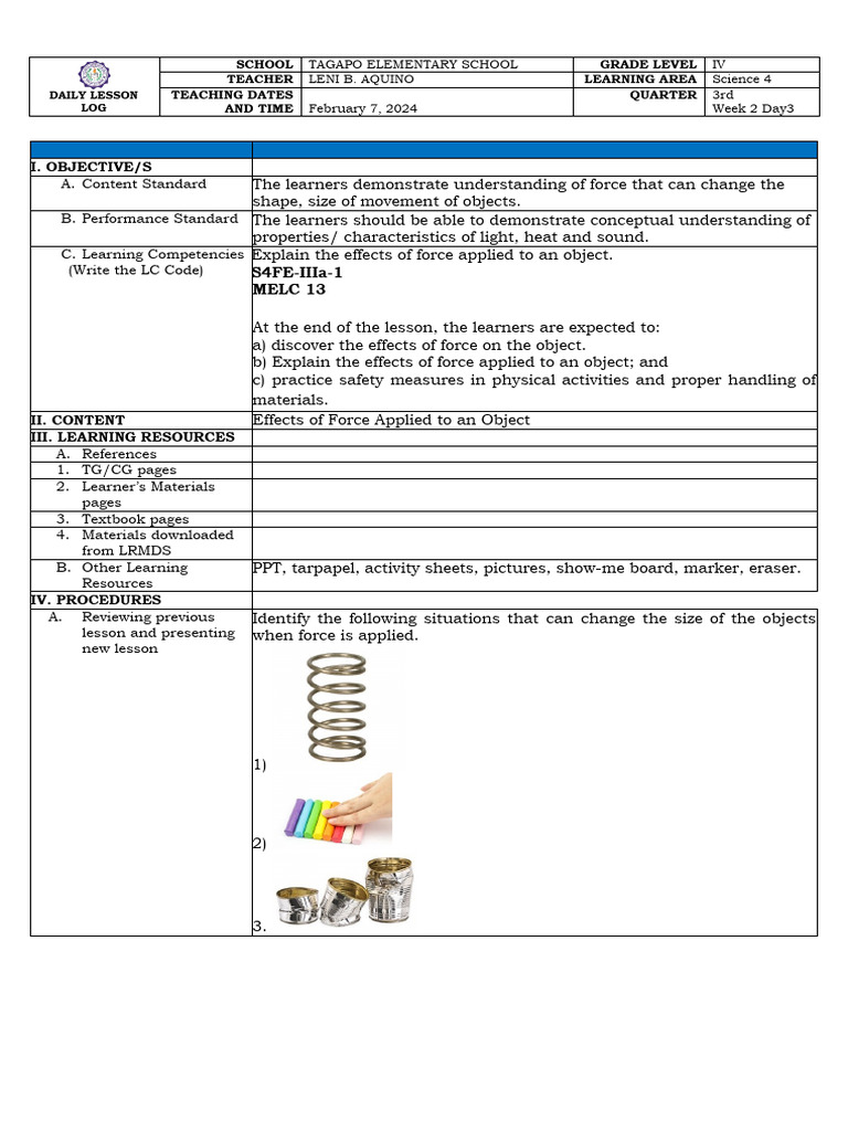 Science 4 Quarter 3 Week 2 Day3 | PDF | Learning | Force