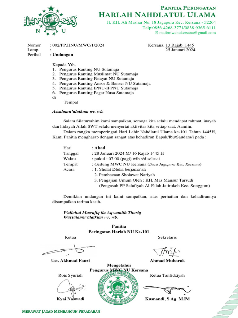 Surat Undangan Harlah NU Untuk PR Sutamaja | PDF