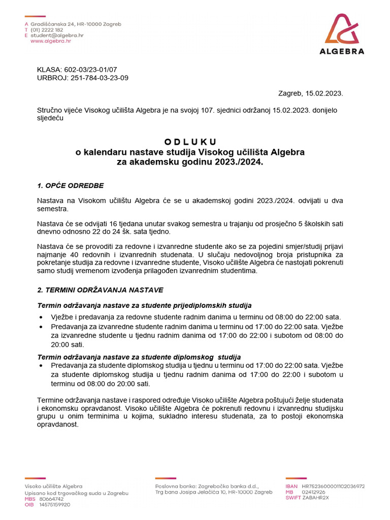 Odluka o Kalendaru Nastave - 2023 2024 | PDF