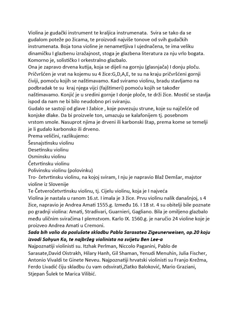 Violina Je Gudački Instrument Te Kraljica Instrumenata | PDF