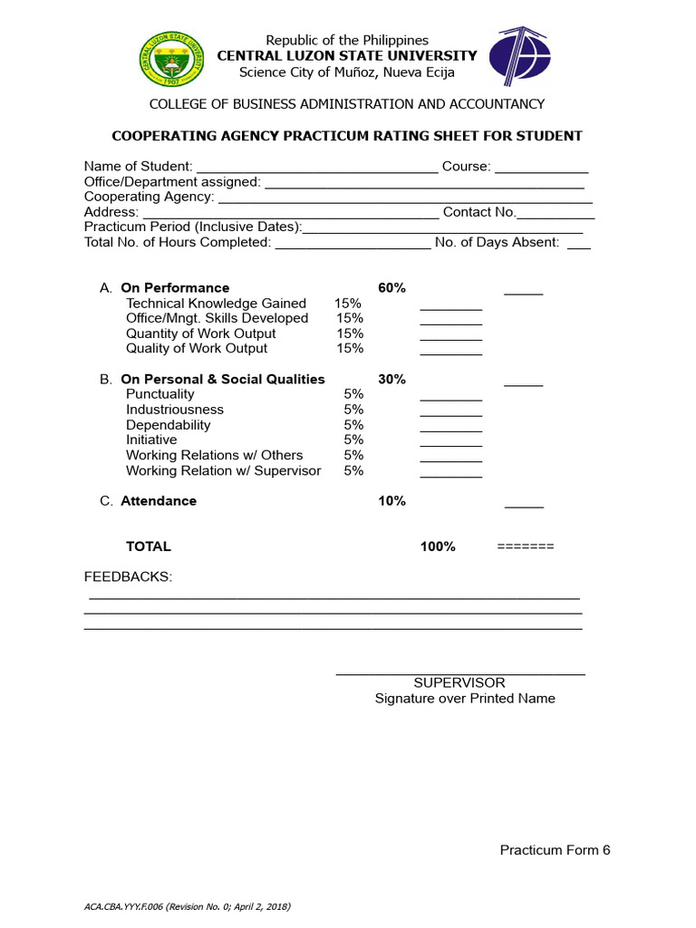 Aca - Cba.yyy.f.006-Cooperating Agency Practicum Rating Sheet For Student | PDF