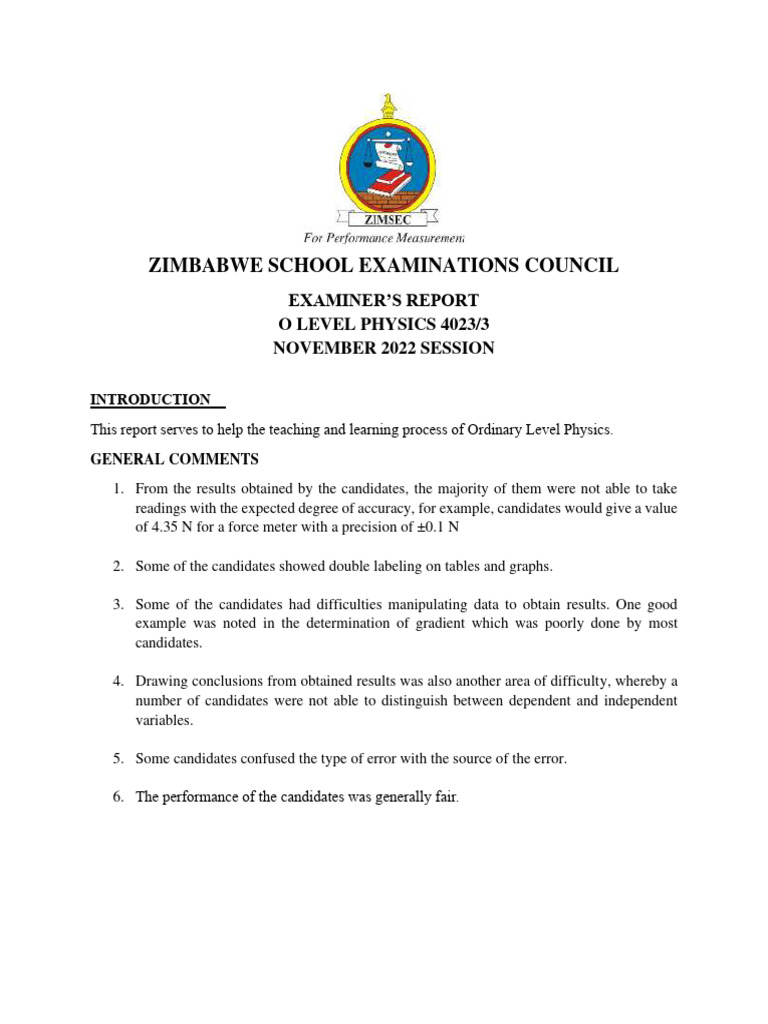 O Level Physics 402303 Examiner Report 2022 | PDF | Weight | Accuracy ...