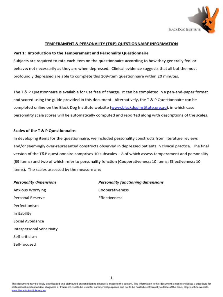 Black Dog Institute T&P Questionnaire Guide | PDF | Major Depressive ...