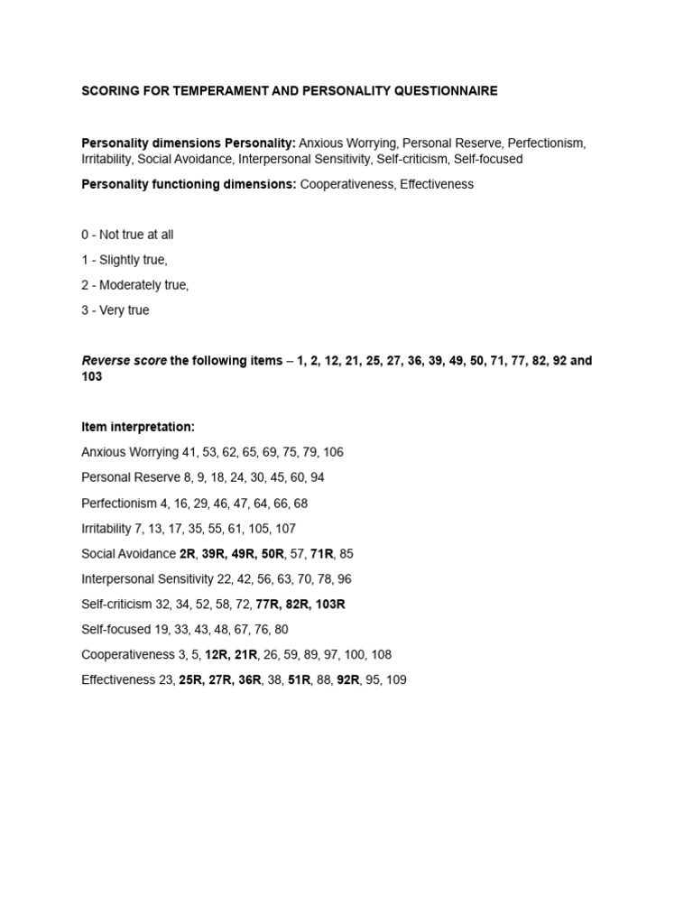 Scoring Guide For Temperament And Personality Questionnaire Pdf