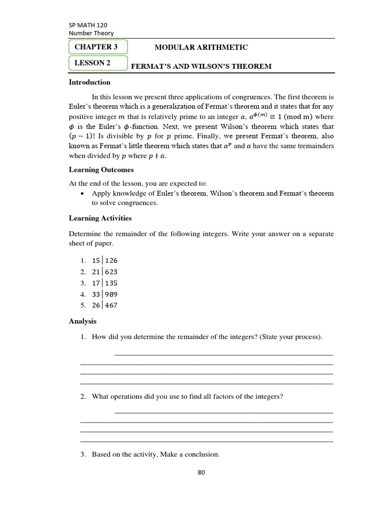Fermats and Wilsons Theorem | PDF | Discrete Mathematics | Algebra