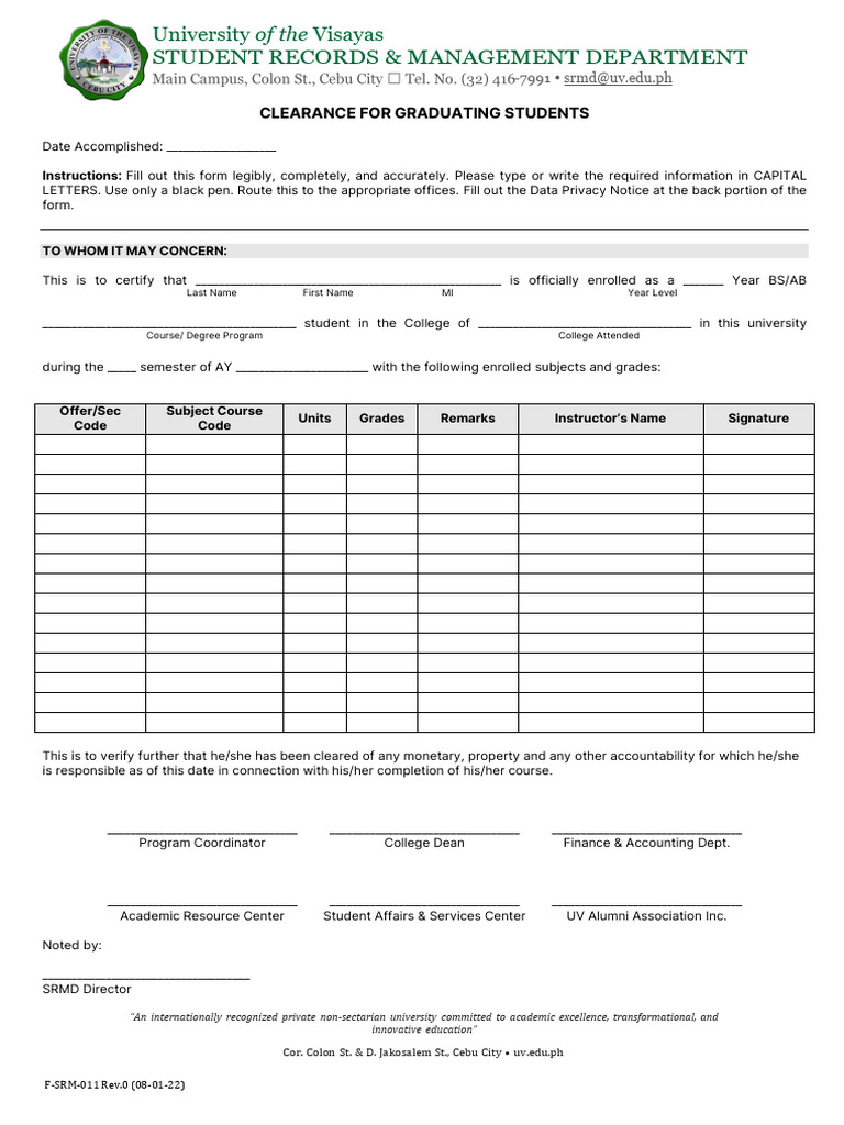 Graduation Clearance Form Instructions | PDF | Privacy | Information