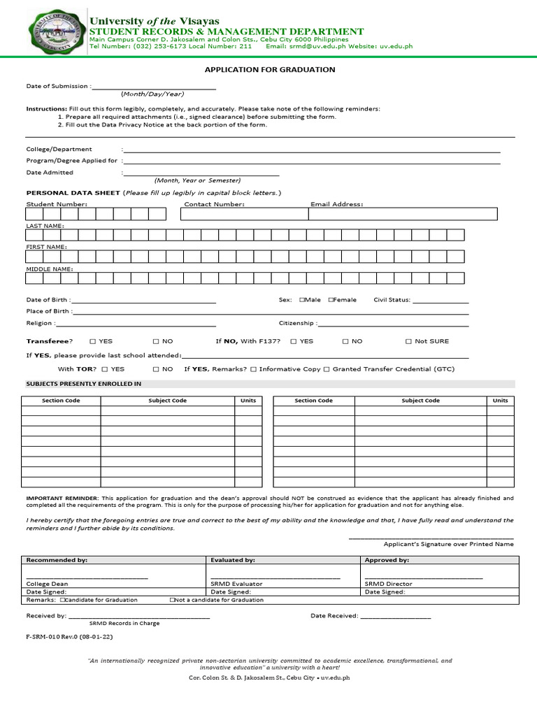 F SRM 010 Application For Graduation 1 | PDF | Privacy | Discovery (Law)