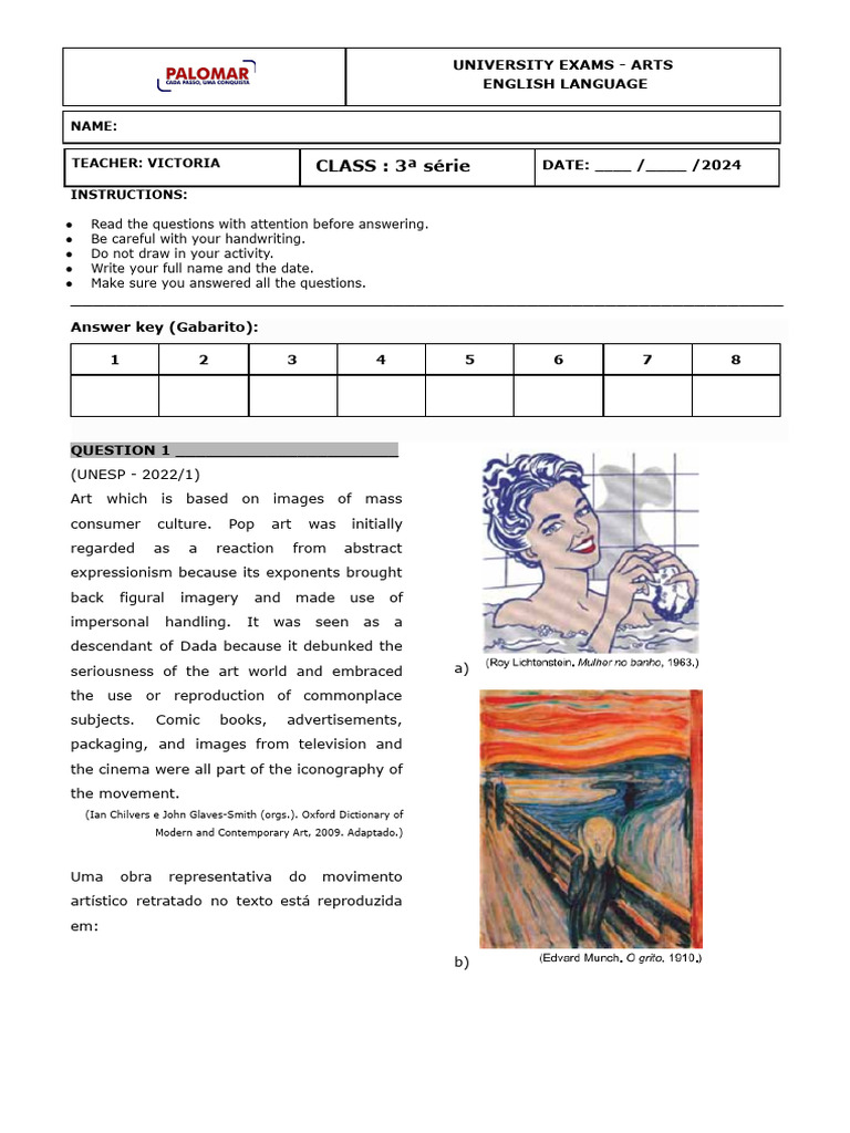 Arts Exam Questions for English Class | PDF | Paintings | Aesthetics