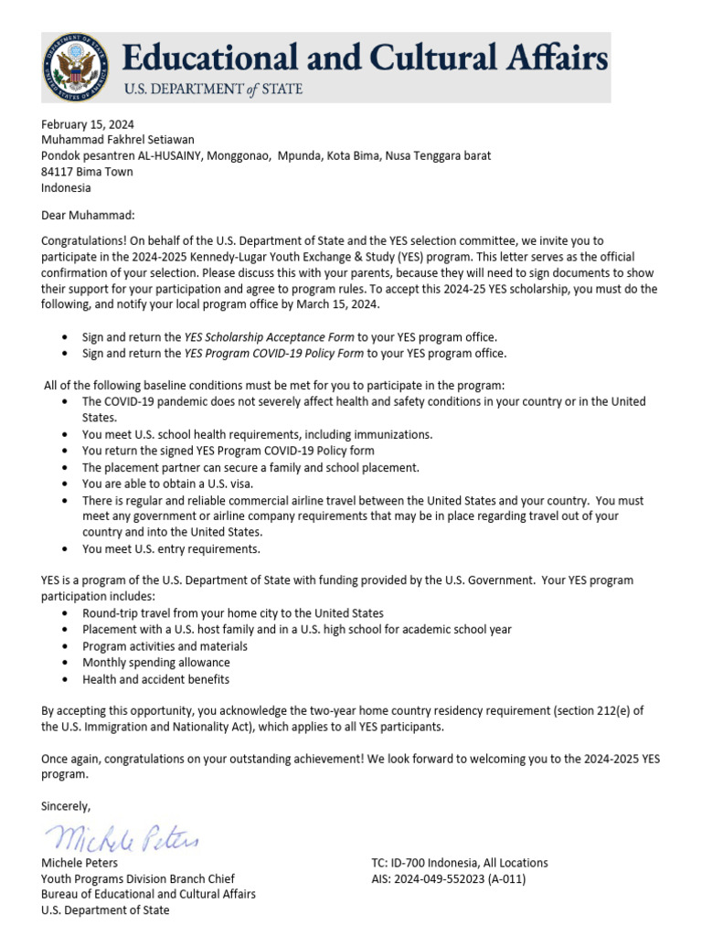YES NH24 Finalist Letter - Muhammad Setiawan | PDF | United States ...