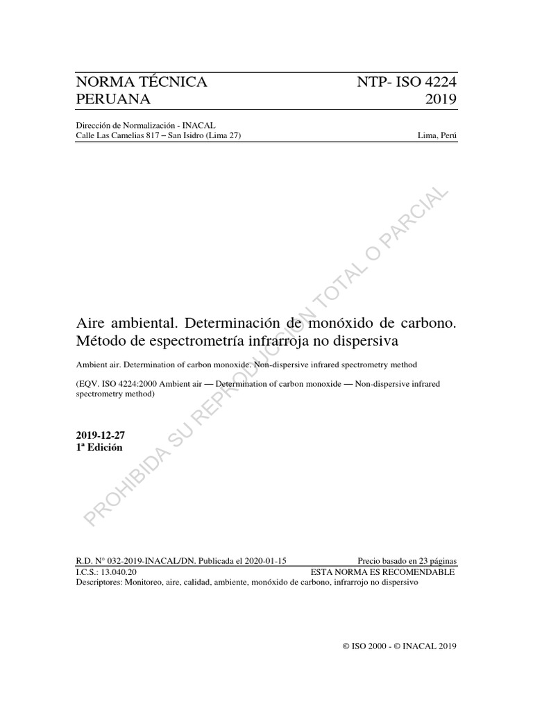 NTP ISO 4224-2019 - Aire Ambiental Determinaciòn de Monóxido de Carbono ...