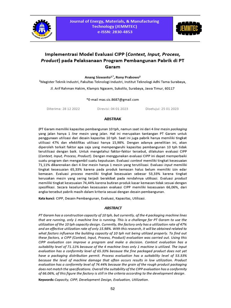 Implementrasi Model Evaluasi CIPP (Context, Input, Process, Product) Pada Pelaksanaan Program ...