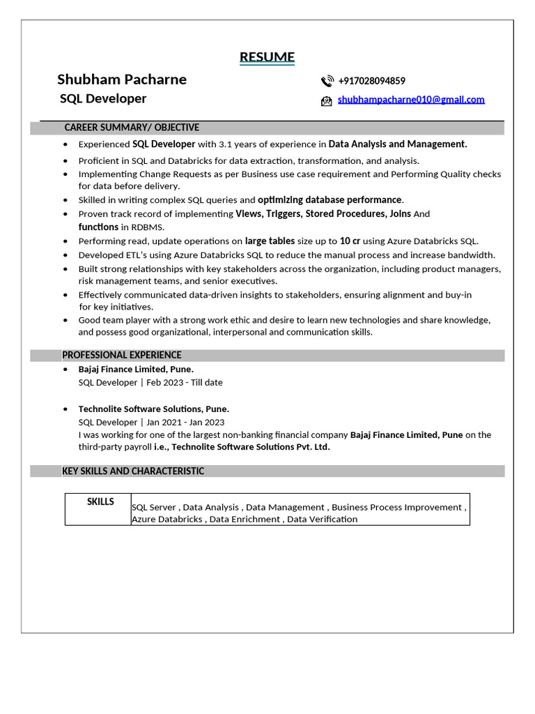 Shubham CV | Download Free PDF | Sql | Relational Database