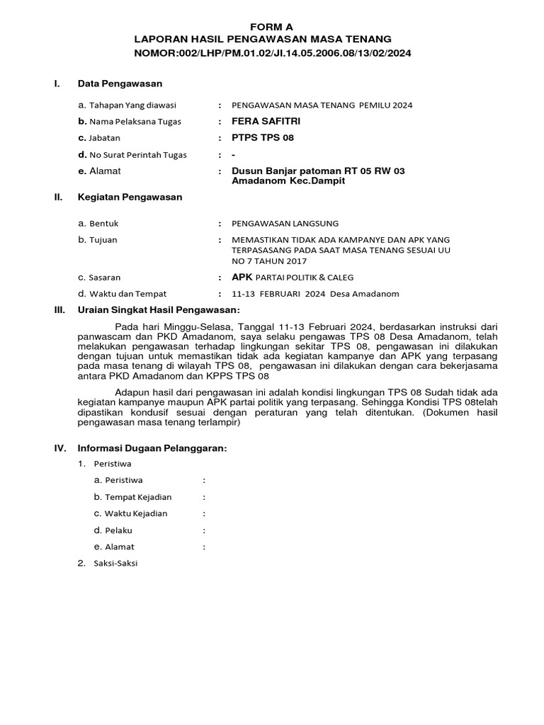 Laporan Pengawasan Masa Tenang Pemilu | PDF