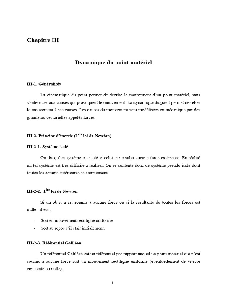 Chapitre III Dynamique Du Point Matériel-1 | PDF | Lois du mouvement de Newton | Élan