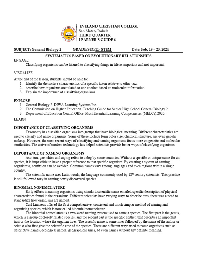 Lg6. Bio2 Systematics Based On Evolutionary Relationships | PDF | Taxa | Science