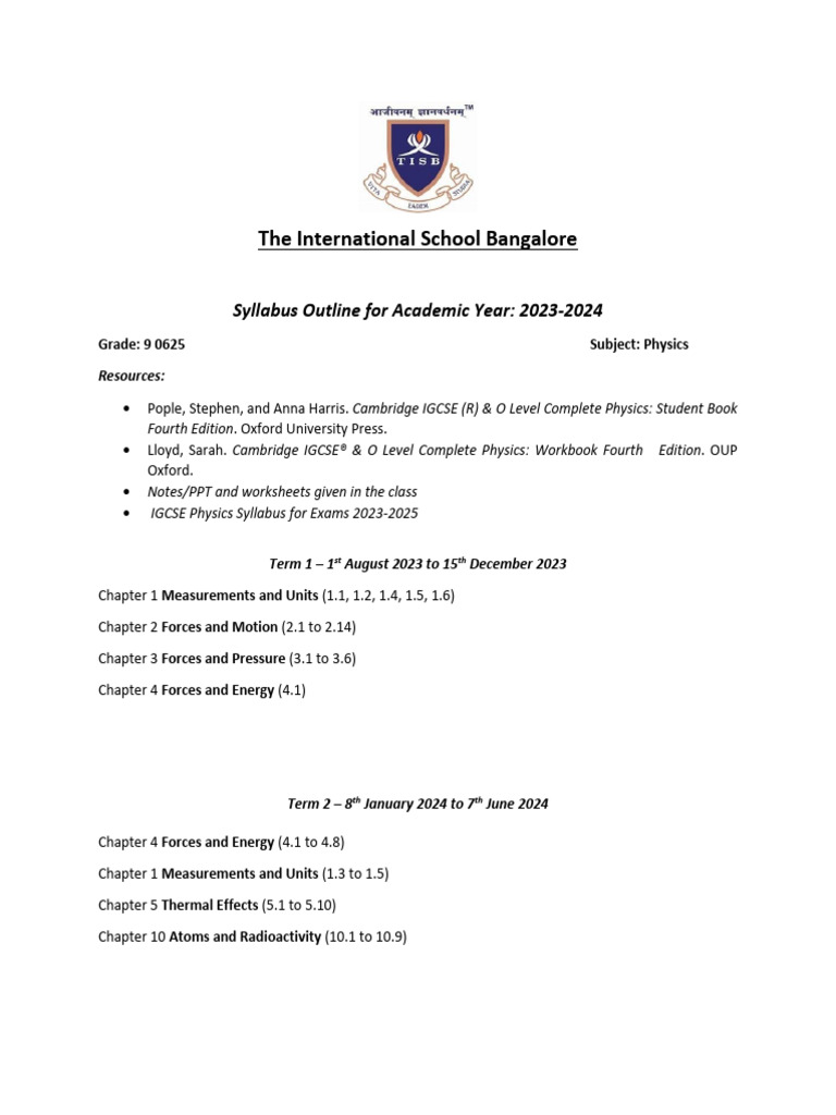 Grade 9 0625 Physics Syllabus Outline 2023-2024 | PDF | Social Science ...