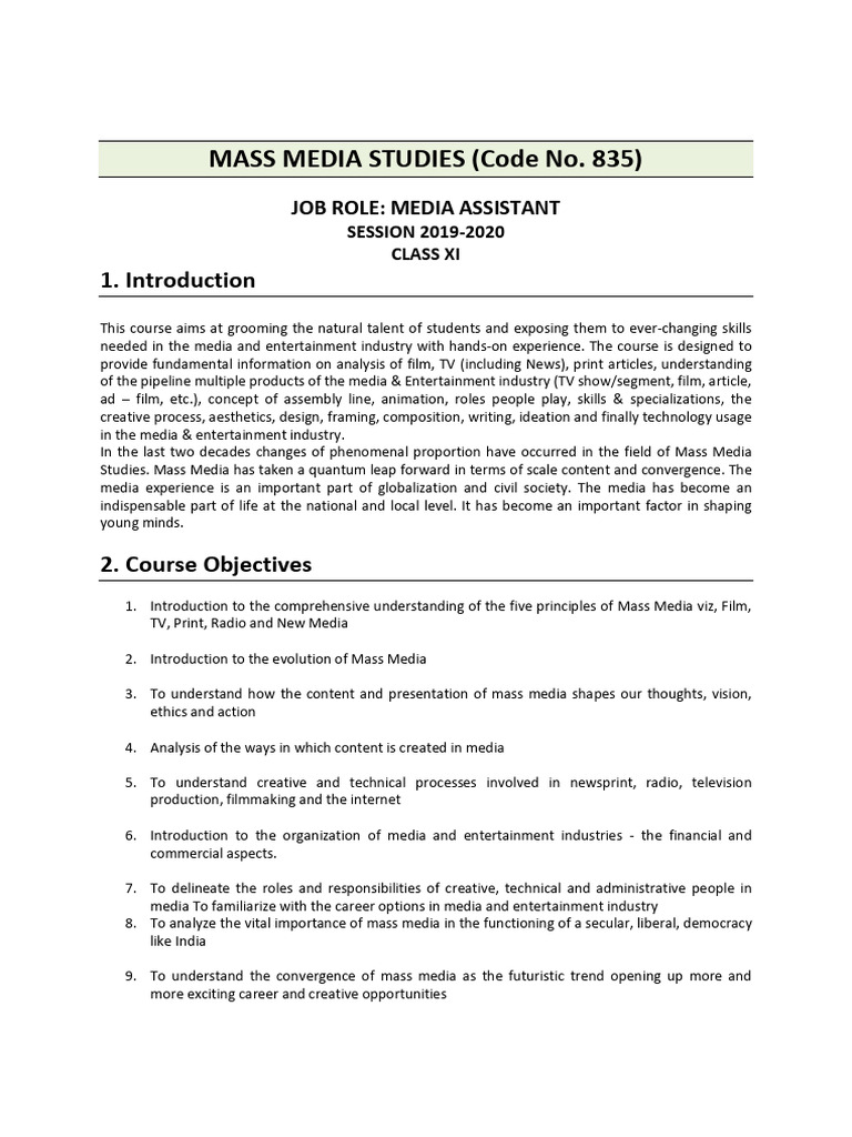 Class XI Mass Media Studies Syllabus | PDF | Teachers | Mass Media