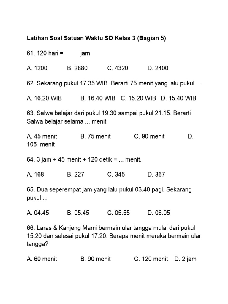 Latihan Soal Satuan Waktu SD Kelas 3 (Bagian 5) | PDF