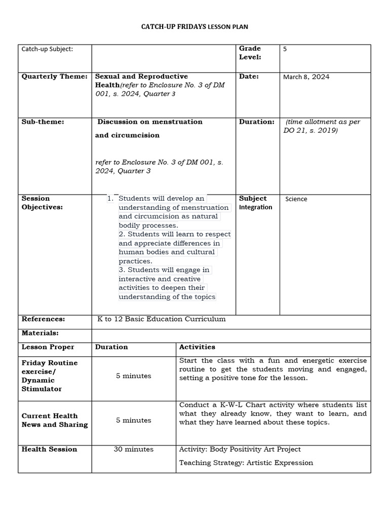 GRADE 5 Health Ed Catch Up Plan March 8 2024 | Download Free PDF | Lesson Plan | Circumcision