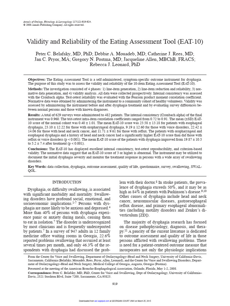 Validity and Reliability of The Eating Assessment Tool (EAT-10) 2003 | PDF | Validity ...