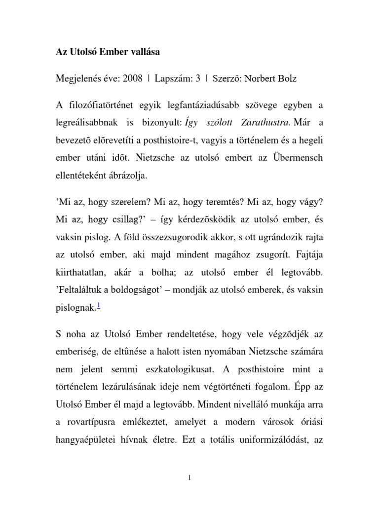 Norbert Bolz - Az Utolsó Ember Vallása | PDF