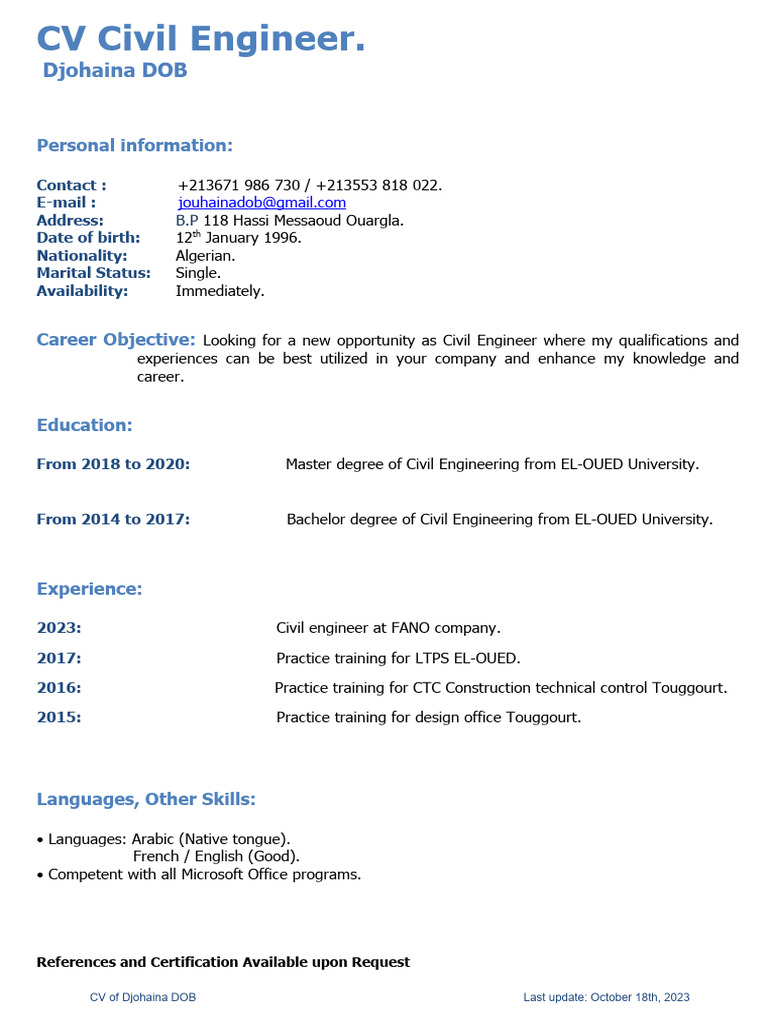CV DOB Djohaina Civil Engineer | PDF