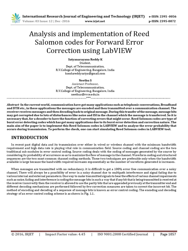 Analysis and Implementation of Reed Salo | PDF | Error Detection And Correction | Modulation