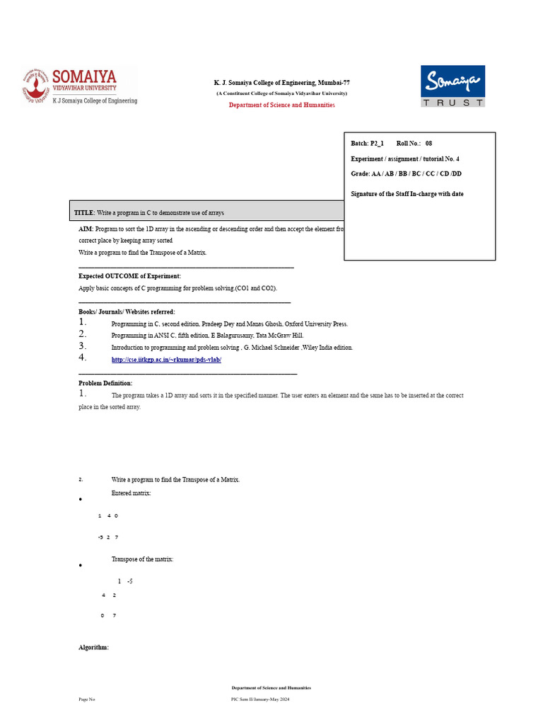 Expt 4 | Download Free PDF | Matrix (Mathematics) | Computing